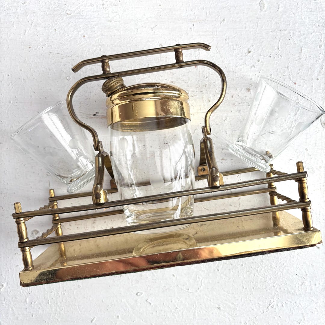 Vintage Bar Cocktail Set, Shaker, Two Polkadot Glasses, Gold Fancy ...