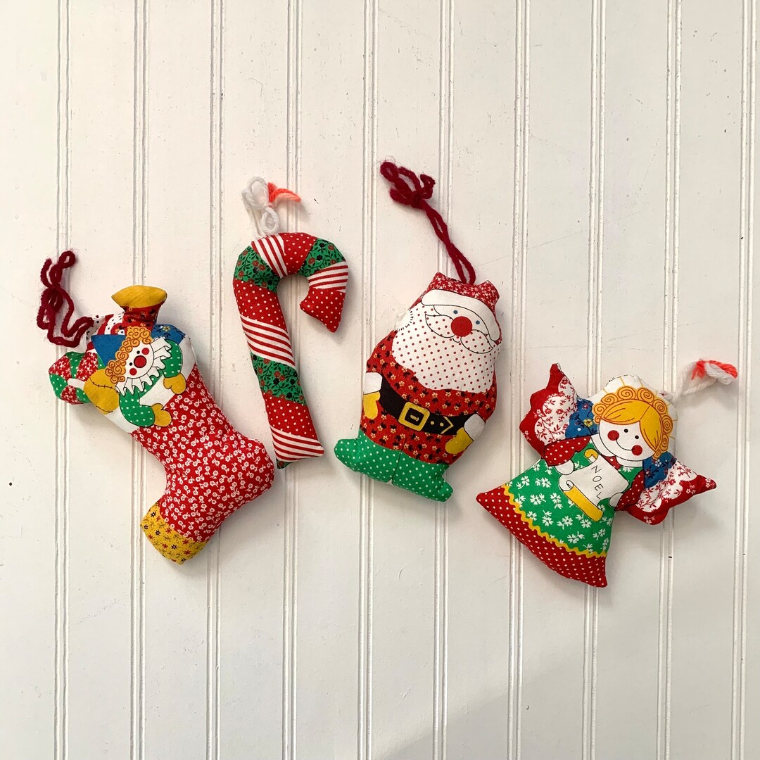 Vintage Handmade Stuffed Christmas Tree Ornaments, Set of Four, Santa ...