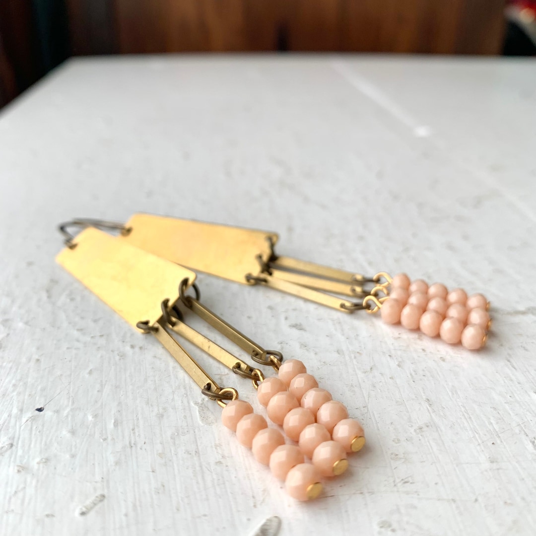 Brass Chandelier Beaded Earrings, Bar Drops With Beaded Stacks in Warm ...