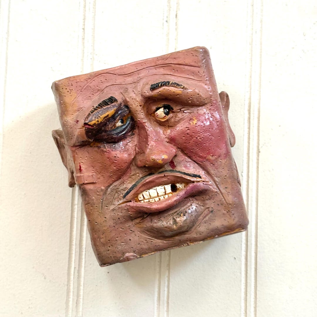 Vintage Handmade Art Sculpture Box, Man's Face, Weird Cool Fun, Beat up ...