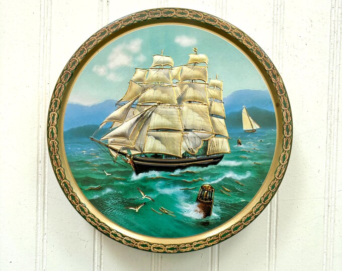 Vintage Maritime Ship Tin, Rope Border, Rich Green and Blue, Home Decor ...