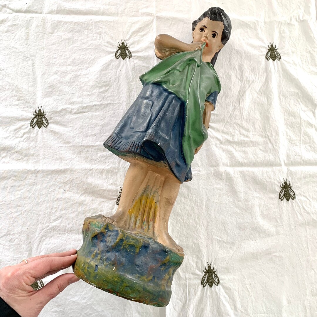 Vintage Plaster Cast Girl Figurine, Green Apron, Blue Dress, 20 Inch - Etsy