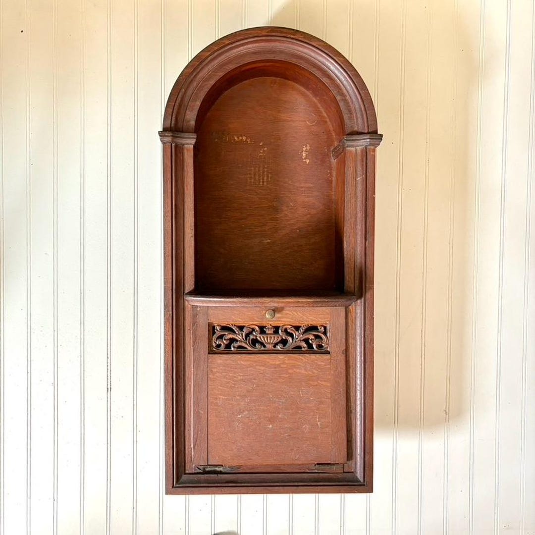 Antique Phoenix Phone Cabinet, 1926 Shipping Label Date, Arched, Carved ...