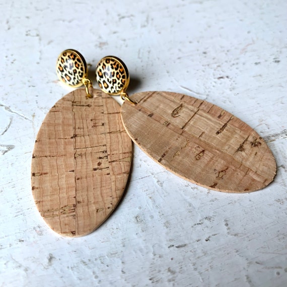 Leopard Print Posts and Cork Drop Earrings Cork Ovals on Chic - Etsy