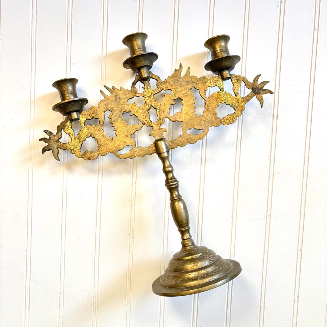 Vintage Chinese Dragon Brass Candelabra, Three Taper Candle Holder ...