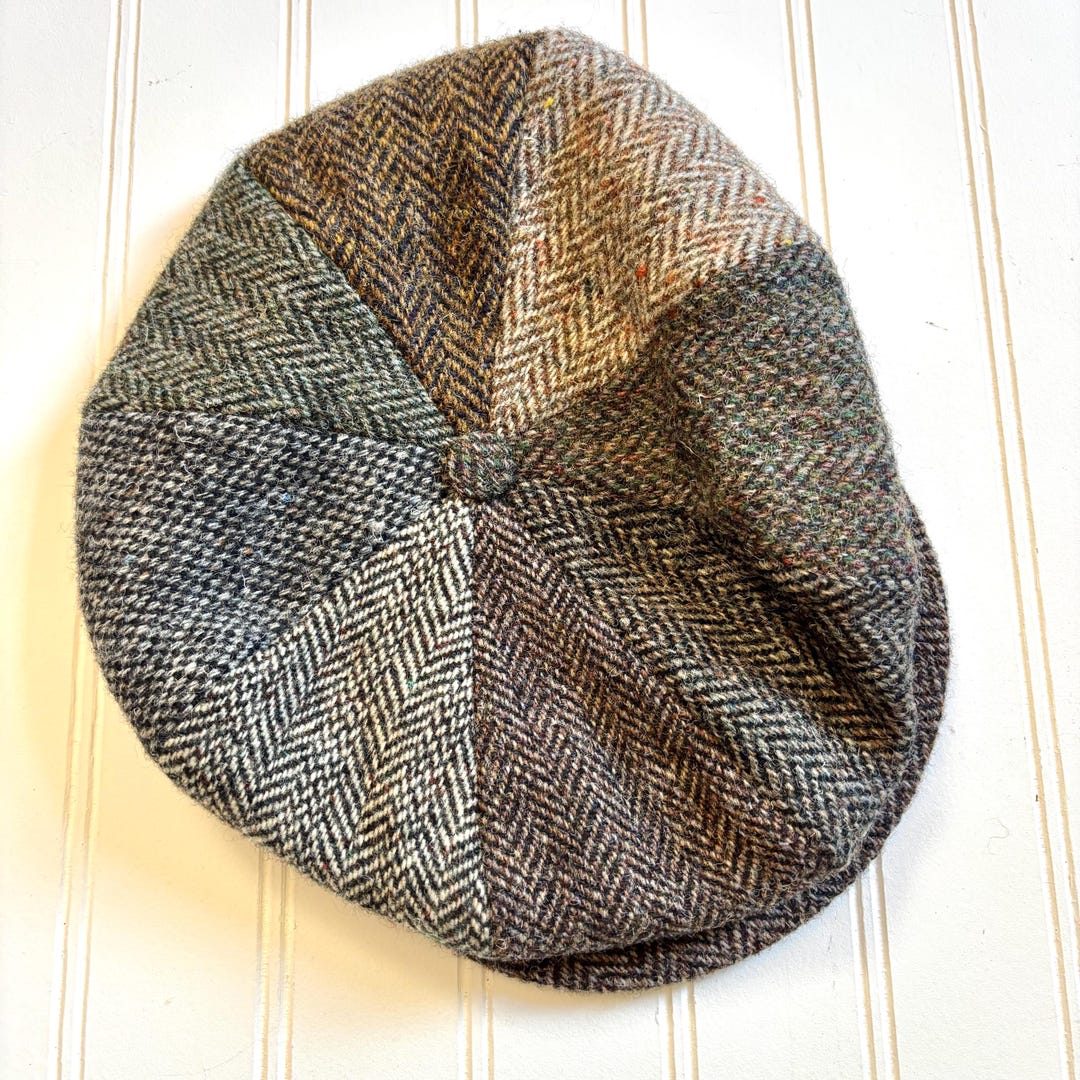 Vintage Harris Tweed Wool Newsboy Cap, 8 Piece Herringbone Tweed, Snap ...