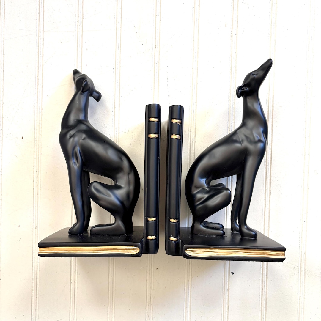 Vintage Black Greyhound Dog Bookends, Resin Black and Gold, Studious ...