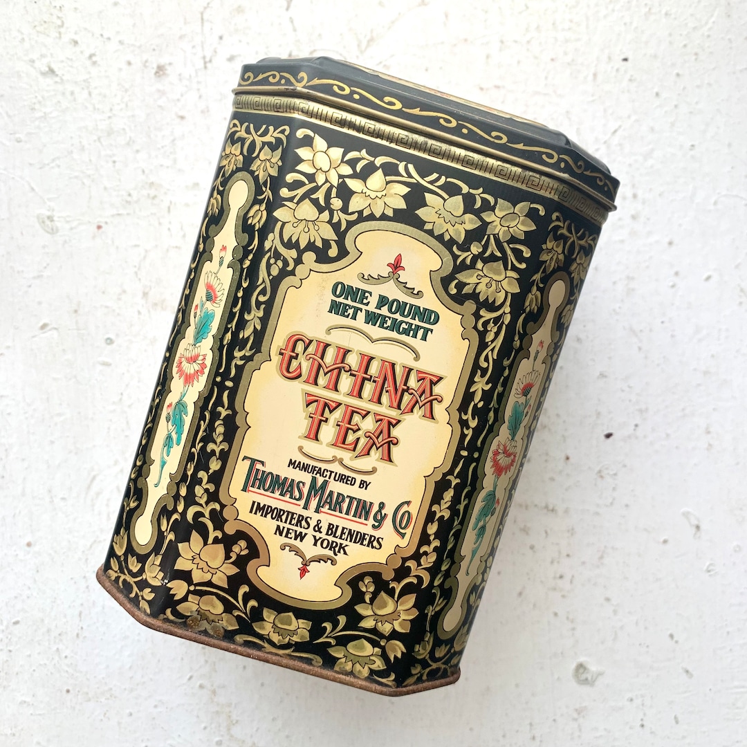 Vintage China Tea Tin, Black and Gold, Lotus Flowers, Beautiful Storage ...