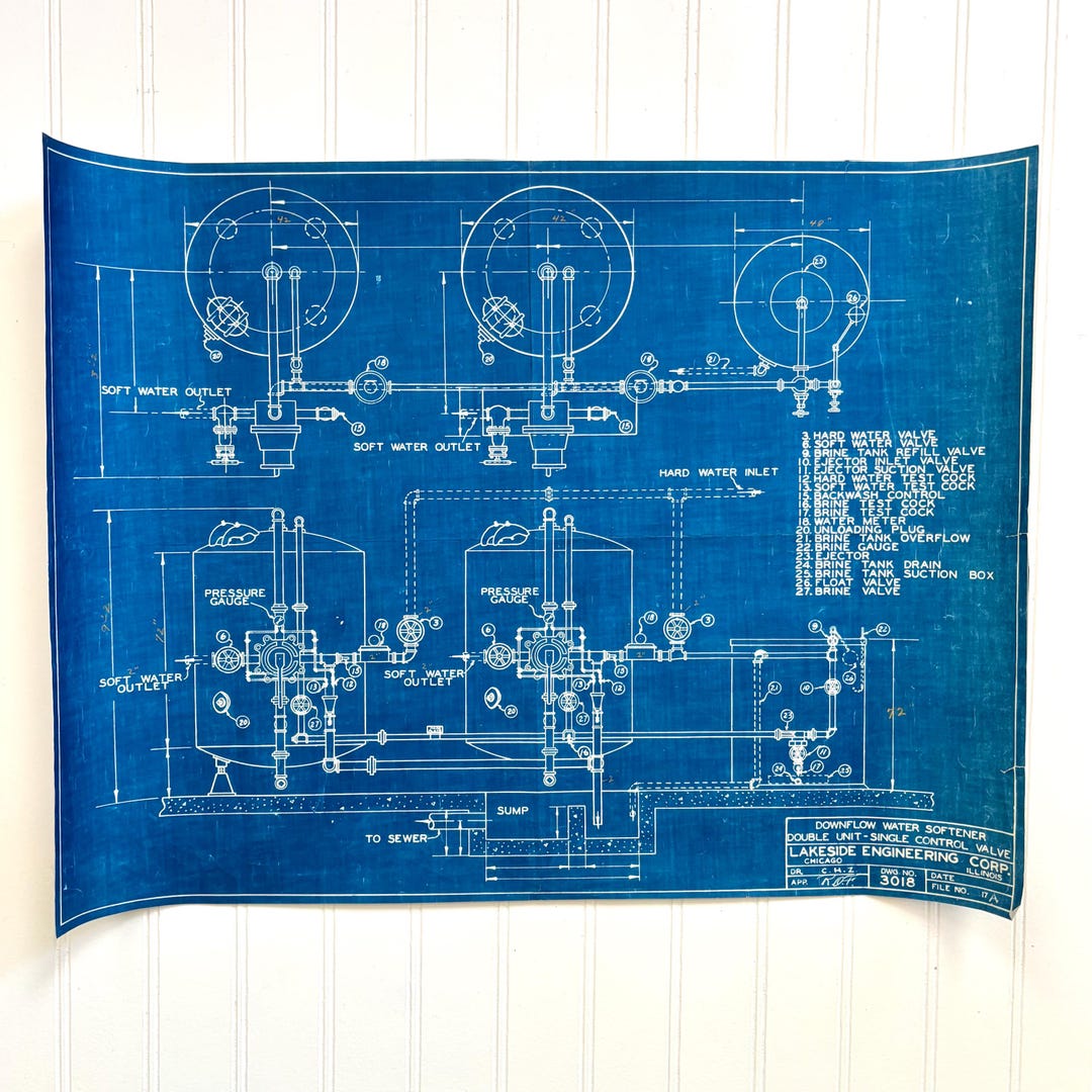 Vintage Industrial Blue Print Architectural Drawing, Downflow Water ...