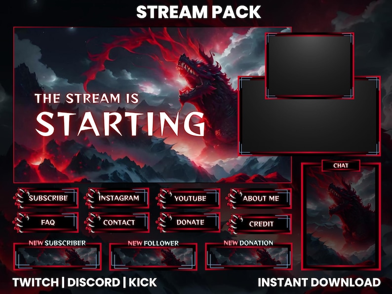 Dragon Twitch Stream Pack | Twitch Screen Overlays | Animated Webcam ...