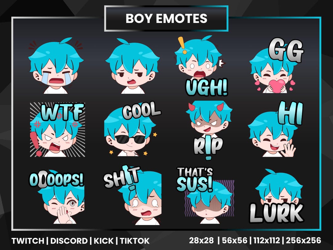 12 X Blue Hair Boy Emotes | Twitch Emotes | Text Emotes | Emotes Twitch ...