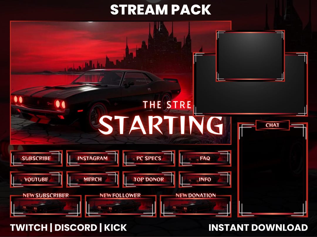 Red Muscle Car Stream Pack Overlay | Dark City Twitch Overlay Pack for ...