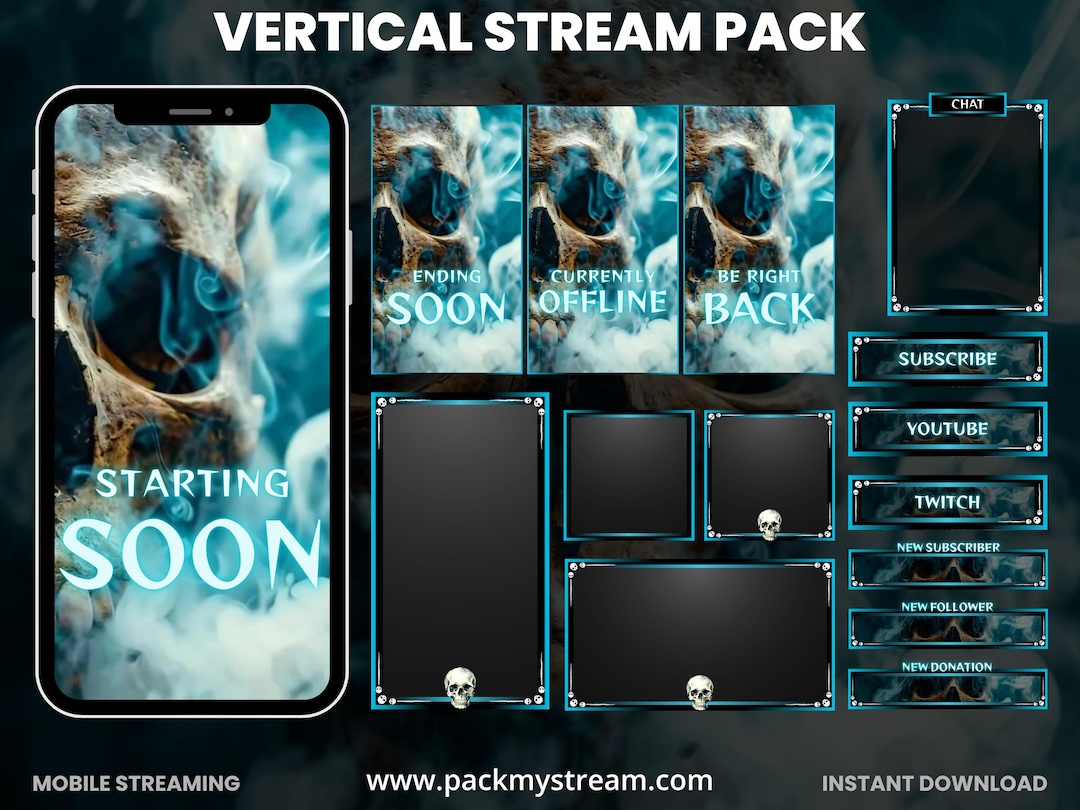 Blue Smoke Skull Vertical Stream Pack | Twitch Overlay | Animated ...