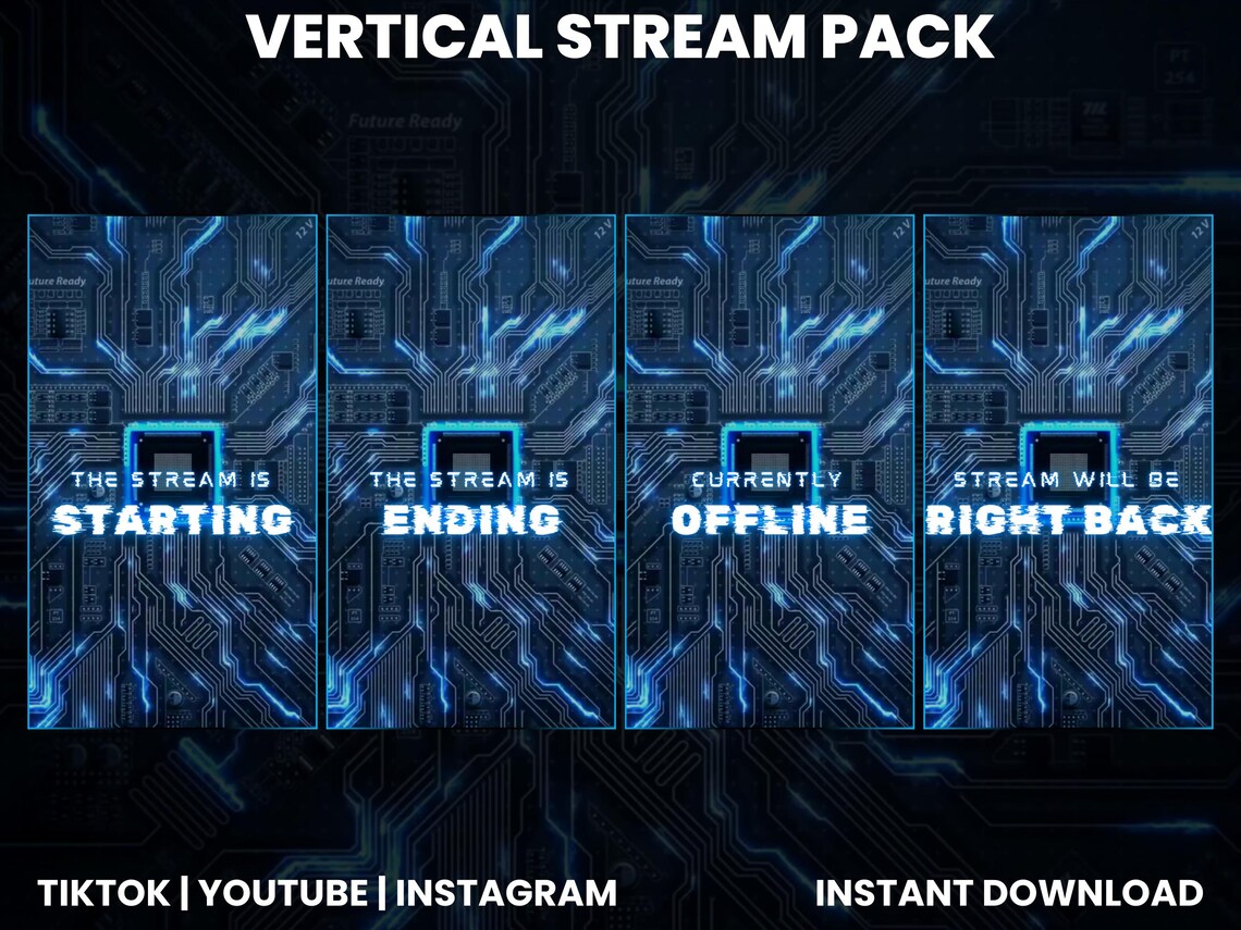 Cyber Tech Vertical Stream Pack | Blue Circuit Overlay Bundle for ...