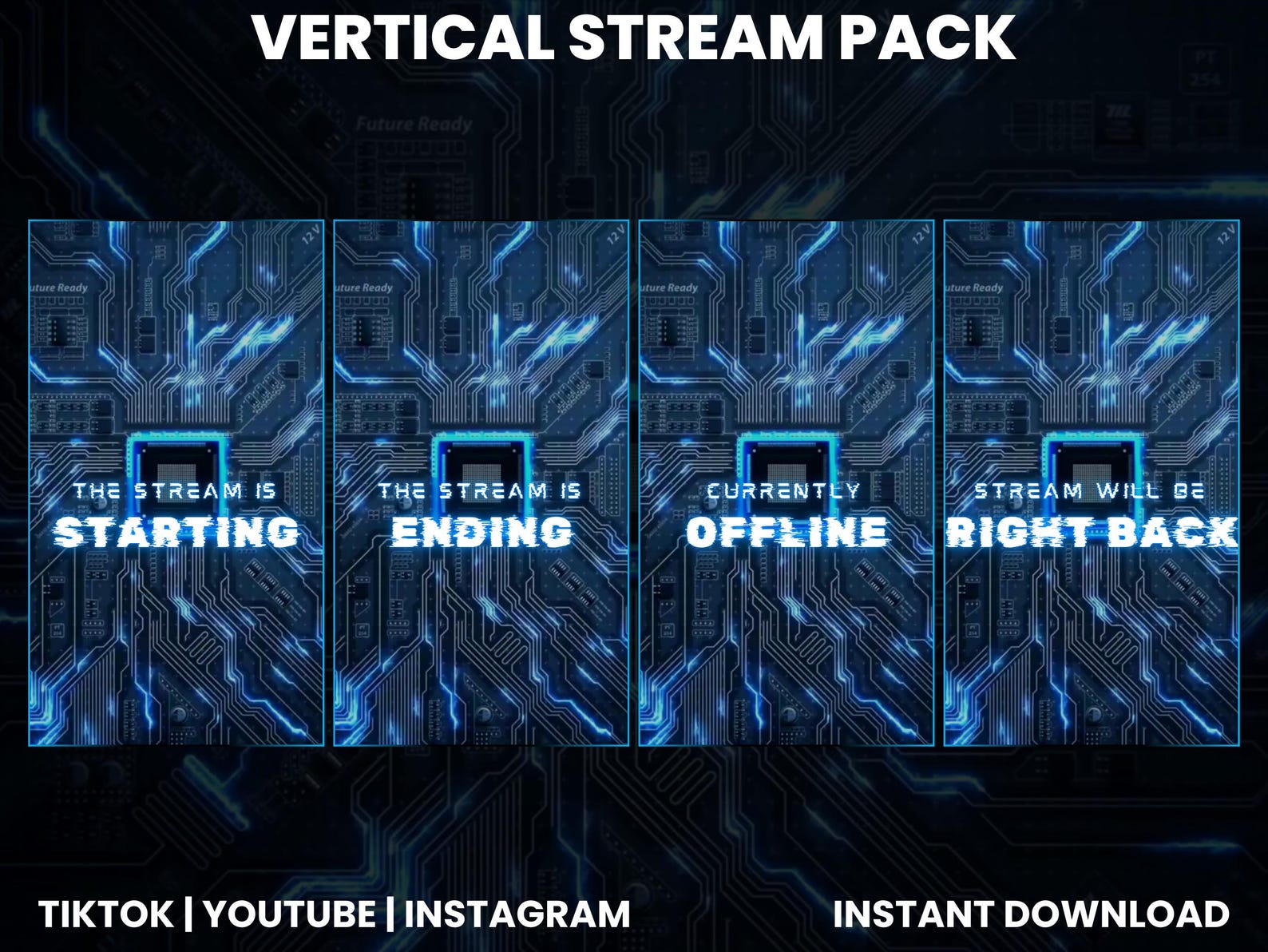 Cyber Tech Vertical Stream Pack | Blue Circuit Overlay Bundle for ...