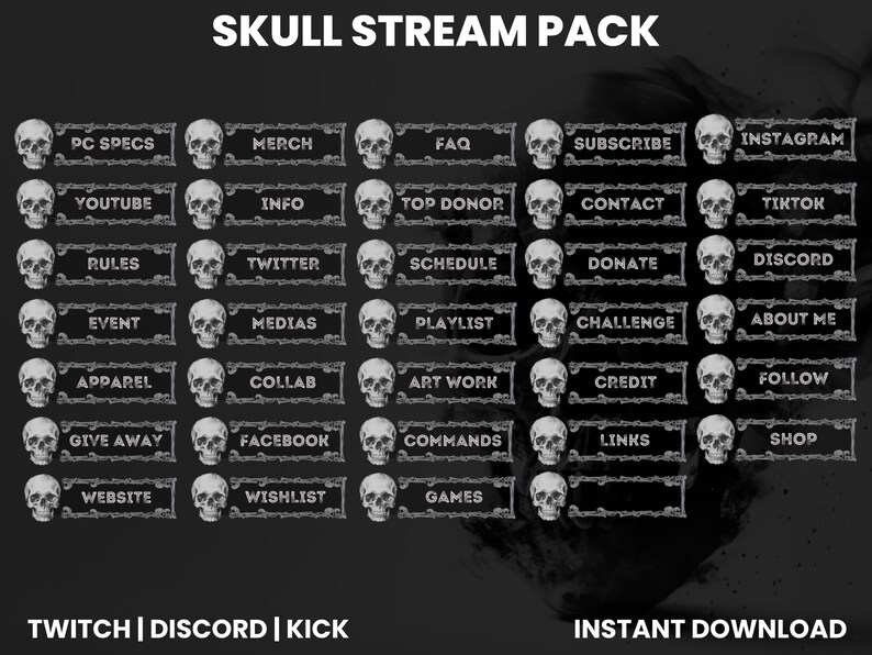 Skull Twitch Stream Pack | Twitch Screen Overlay | Animated Webcam ...
