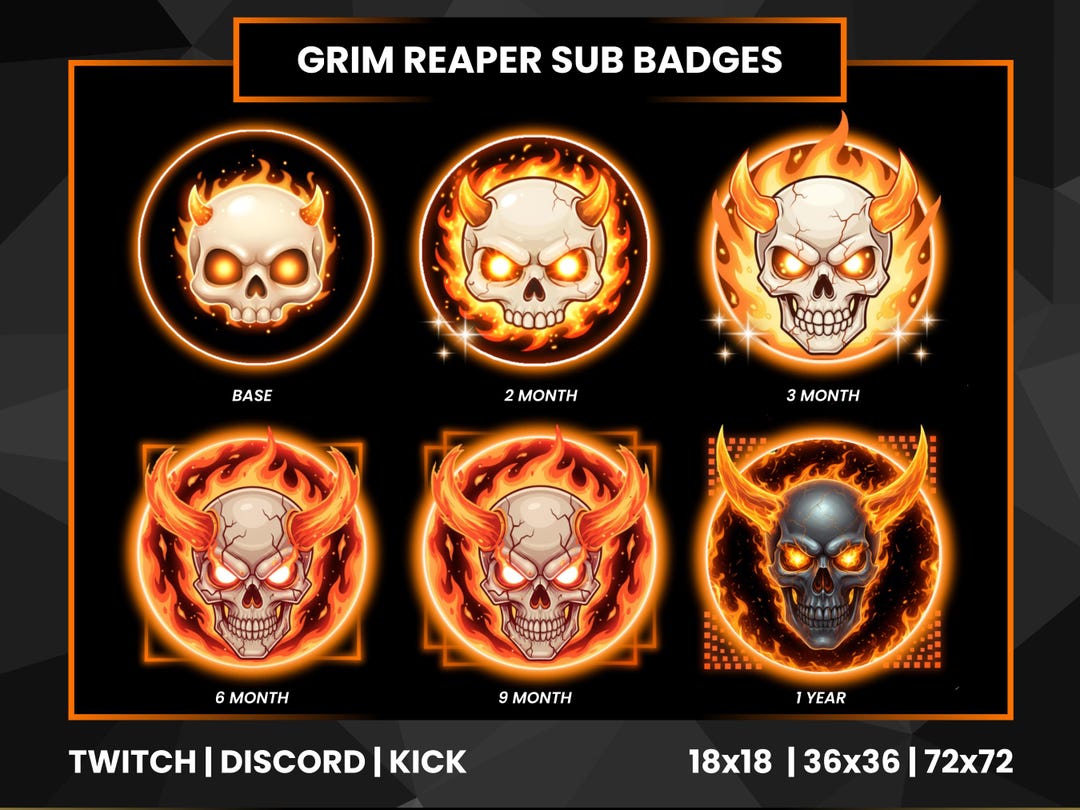 Grim Reaper Sub Badges for Twitch Streamers | Fiery Skull Loyalty ...