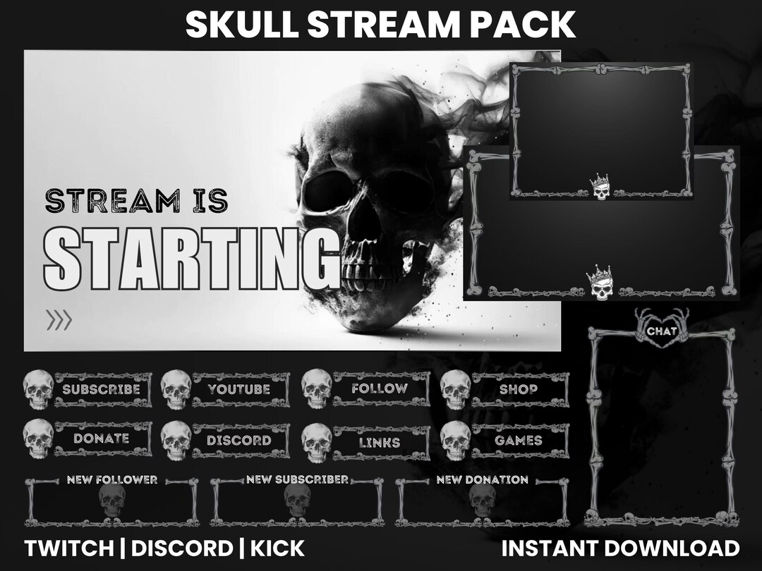 Skull Twitch Stream Pack | Twitch Screen Overlay | Animated Webcam ...
