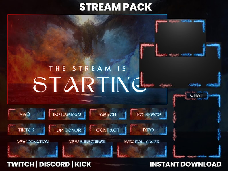 Ice & Fire Twitch Stream Pack Twitch Screen Overlays Animated Webcam ...