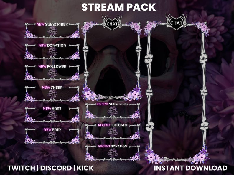 Pink Flower Skull Stream Pack | Twitch Screen Overlay | Animated ...