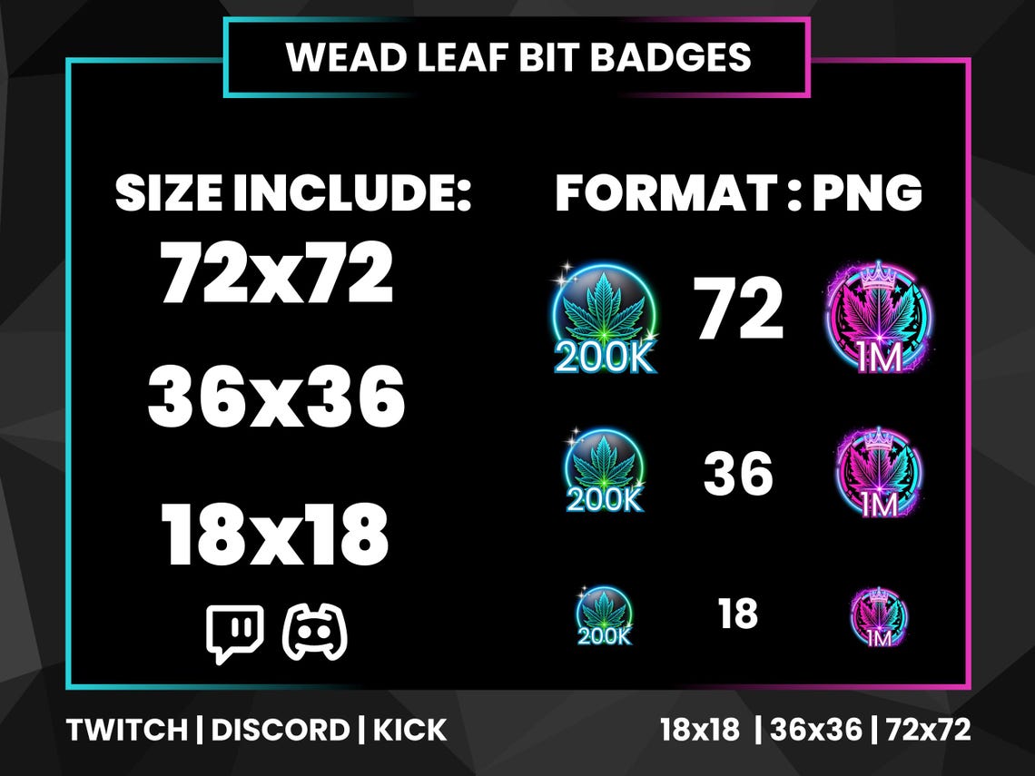 Neon Weed Leaf Twitch Bit Sub Founder Follower Badges | Twitch Bit ...