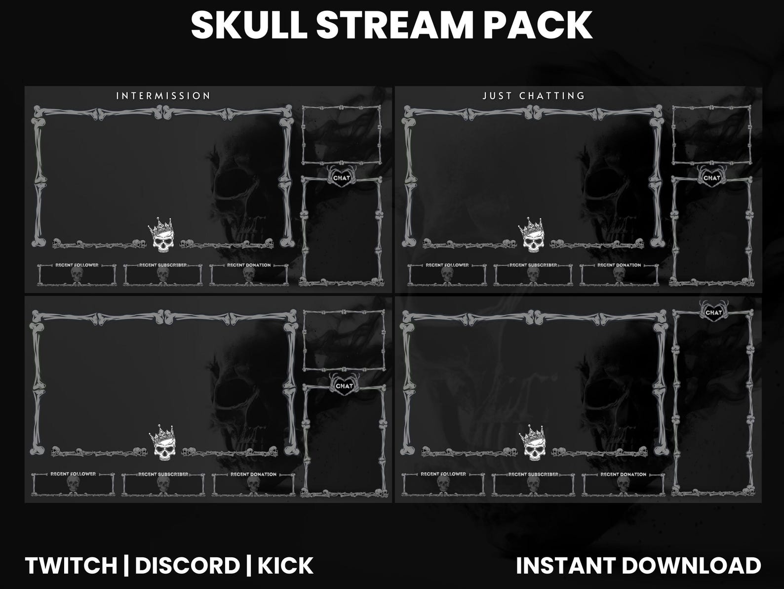 Skull Twitch Stream Pack | Twitch Screen Overlay | Animated Webcam ...