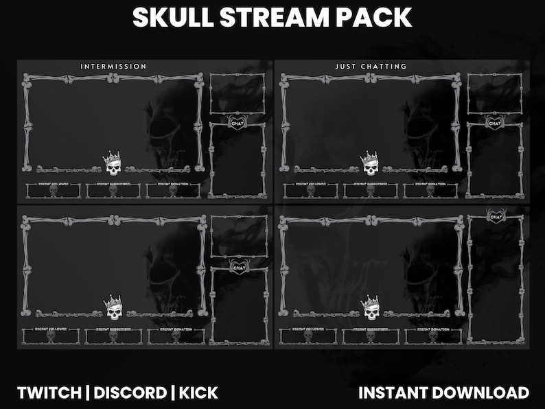 Skull Twitch Stream Pack | Twitch Screen Overlay | Animated Webcam ...