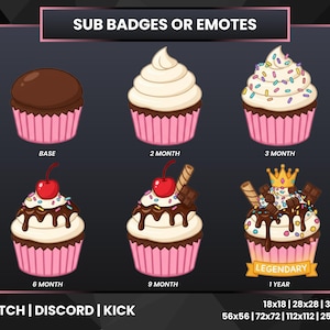 Cupcake Sub Badges | Cute Dessert Stream Badges for Twitch Discord Kick ...