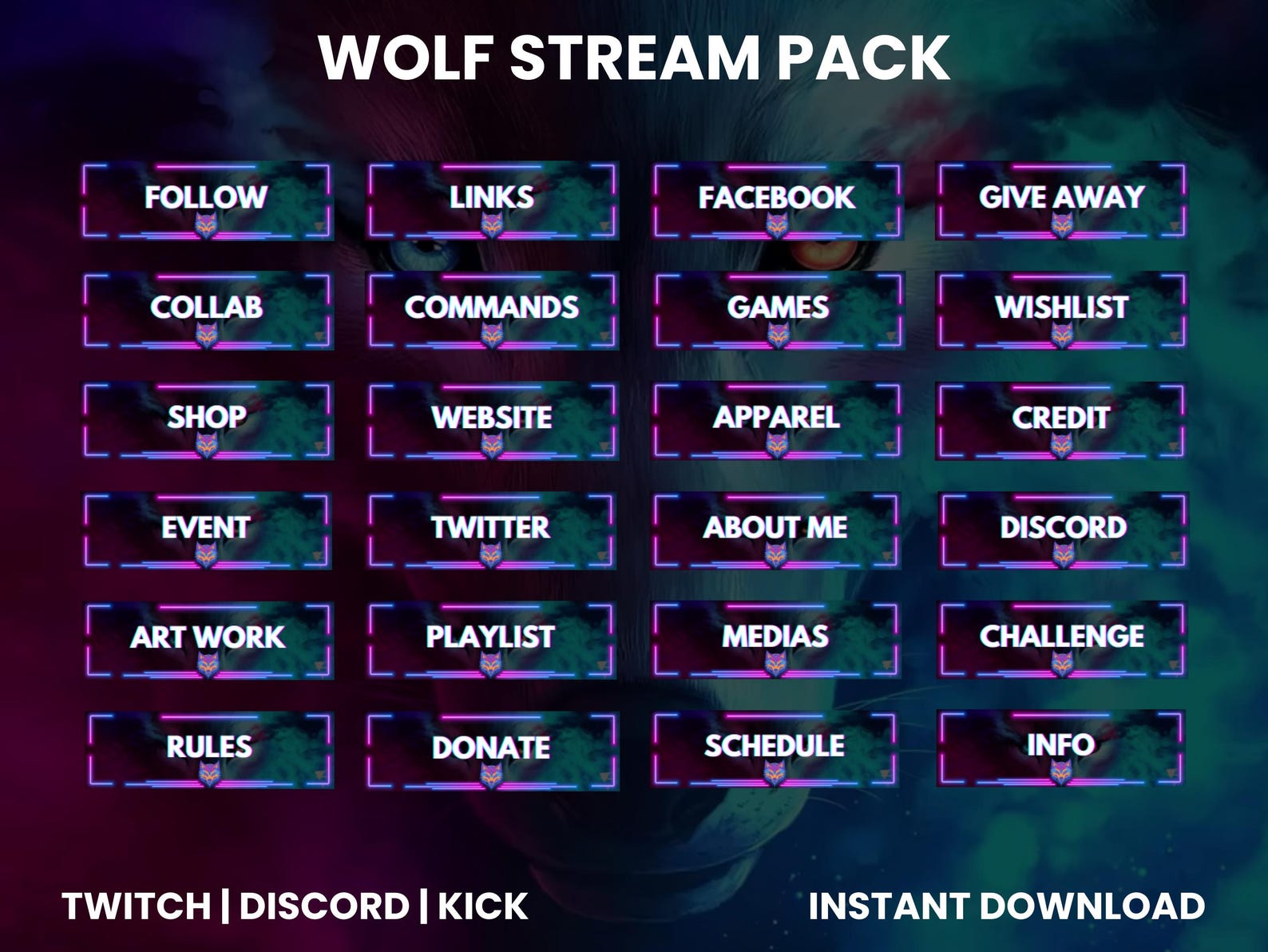 Wolf Twitch Stream Pack With Animated Screens, Panels, Sub Badges, and ...
