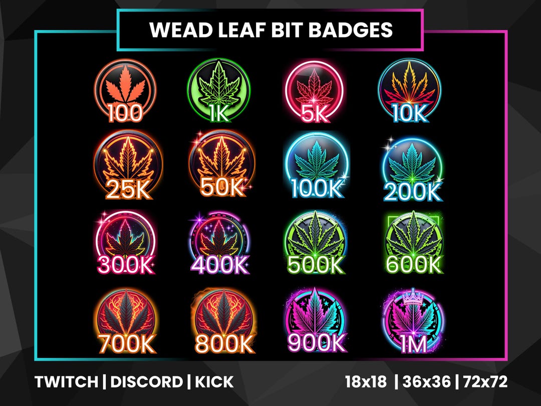 Neon Weed Leaf Twitch Bit Sub Founder Follower Badges | Twitch Bit ...