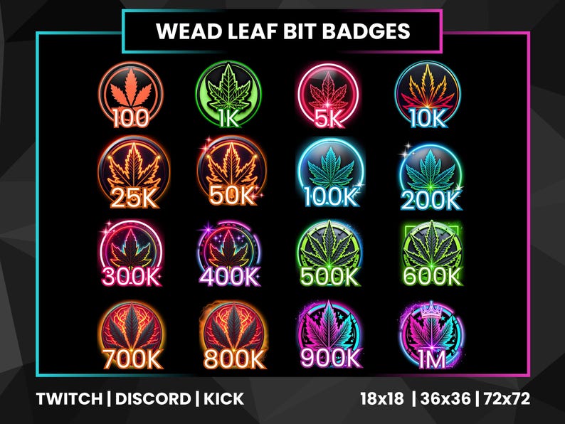 Neon Weed Leaf Twitch Bit Sub Founder Follower Badges | Twitch Bit ...