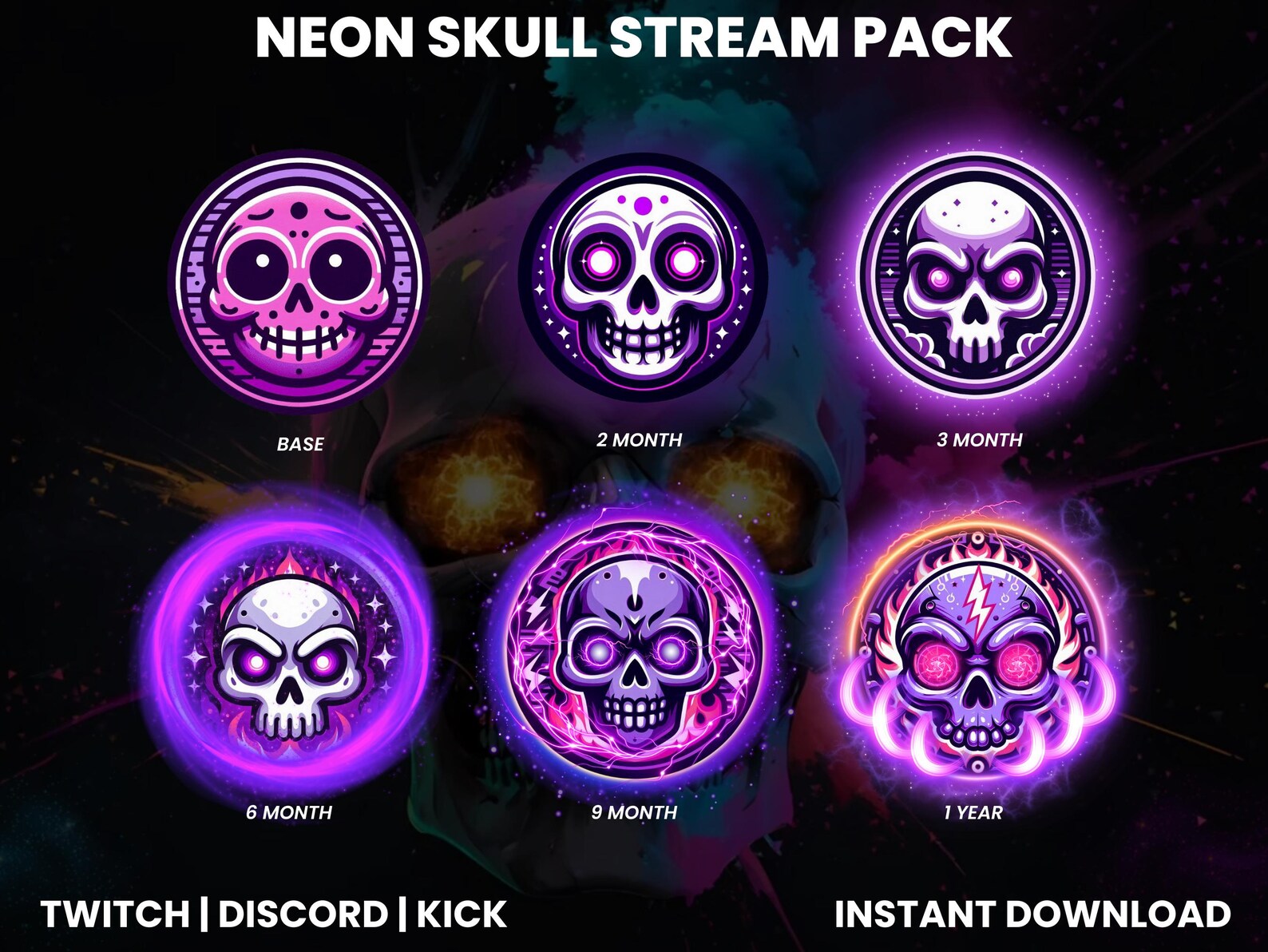 Neon Skull Twitch Stream Pack | Twitch Screen Overlays | Animated ...