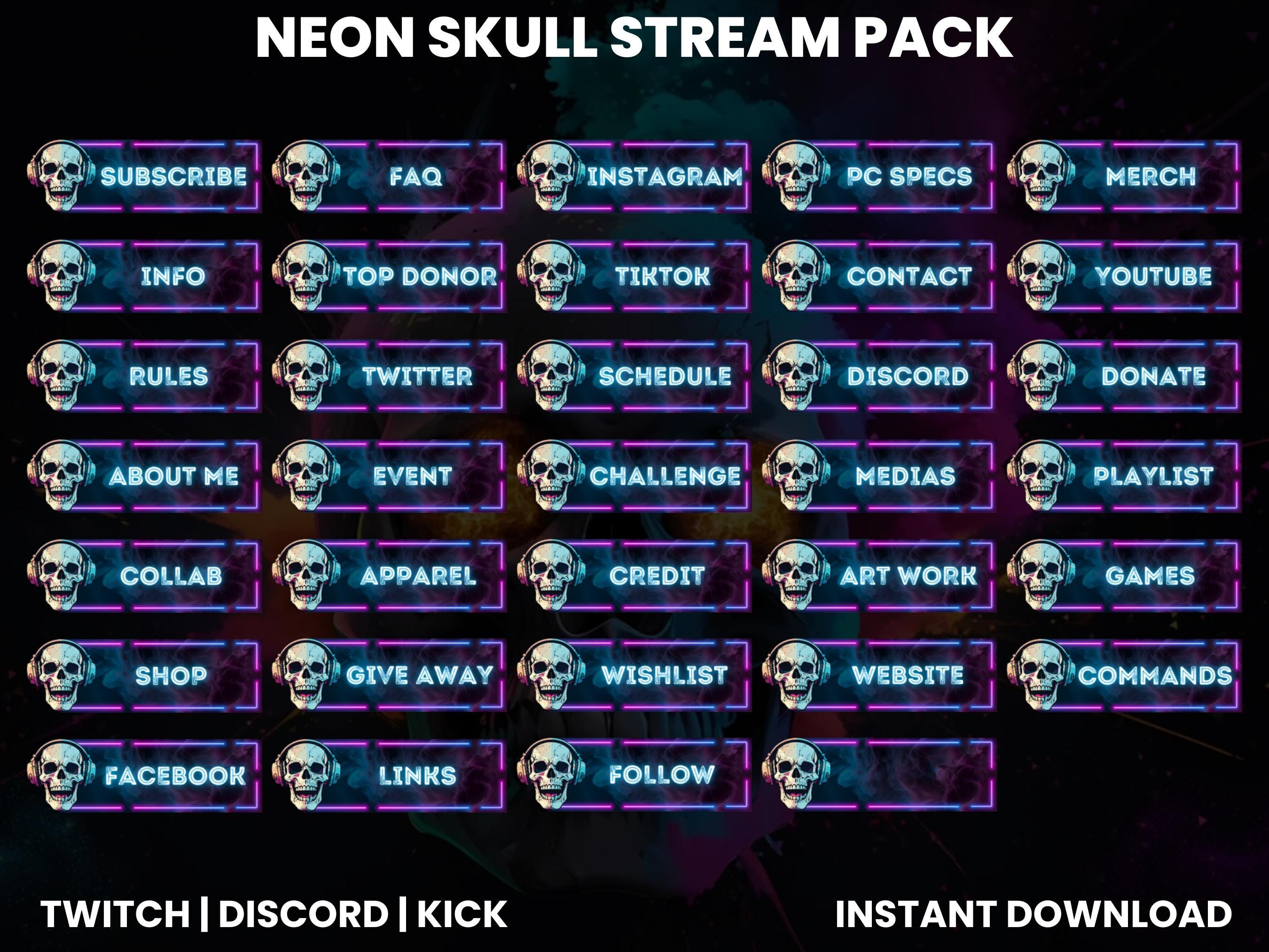 Neon Skull Twitch Stream Pack | Twitch Screen Overlays | Animated ...