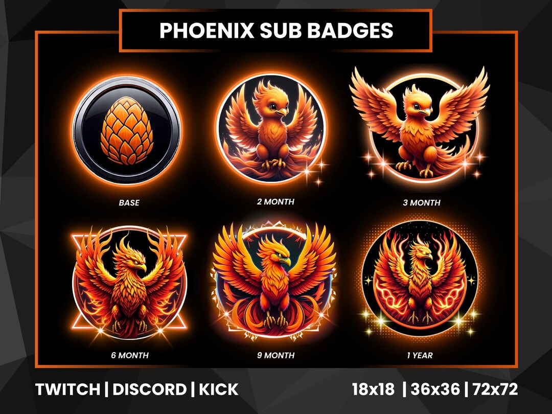 Phoenix Sub Badges for Twitch Kick Discord | Fiery Loyalty Badges | 1 ...