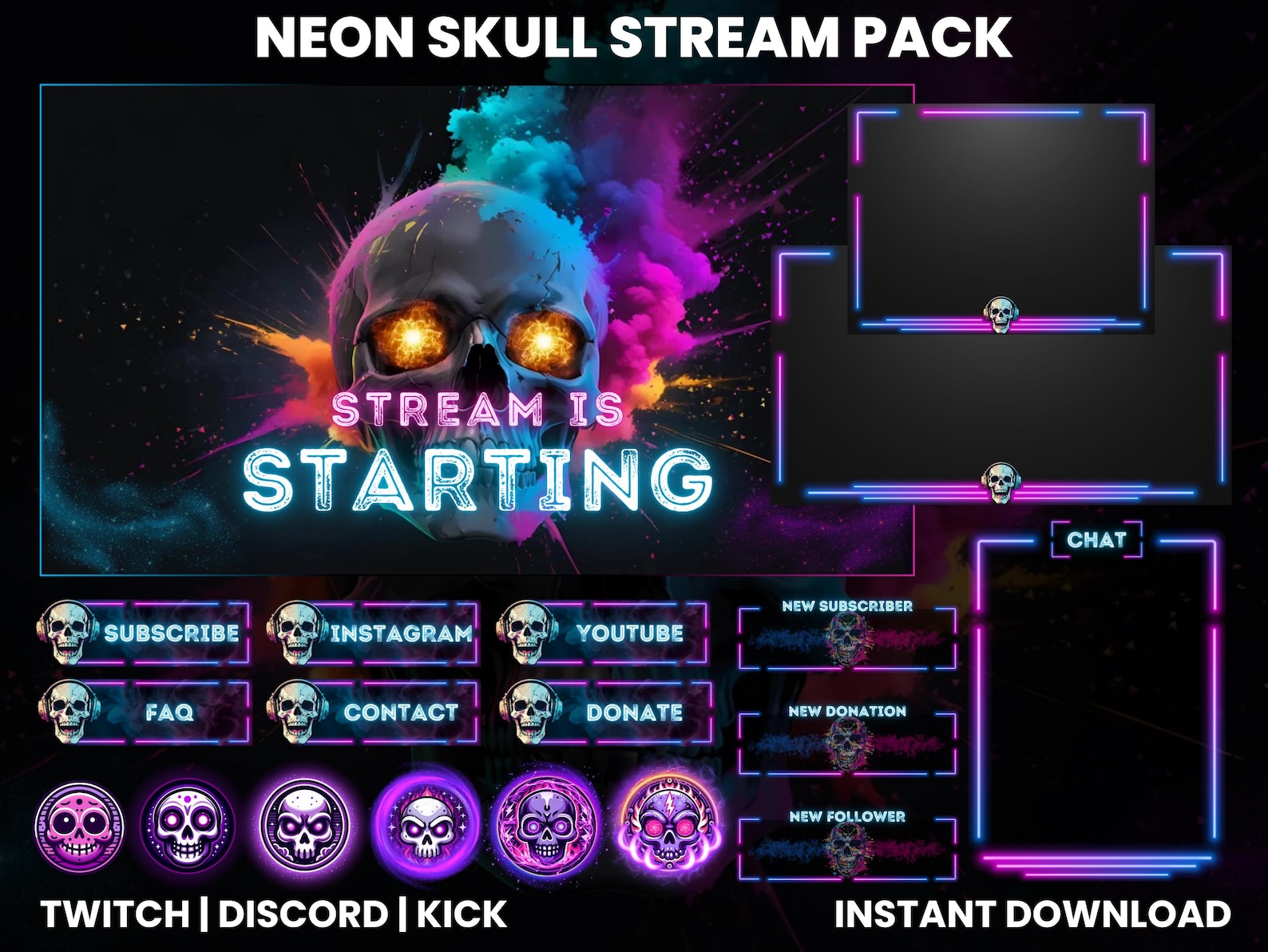 Neon Skull Twitch Stream Pack | Twitch Screen Overlays | Animated ...