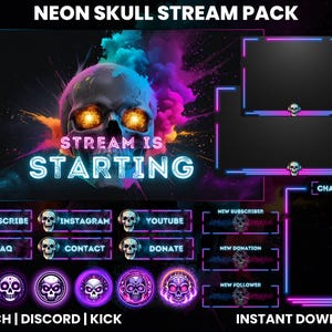 Neon Skull Twitch Stream Pack | Twitch Screen Overlays | Animated ...