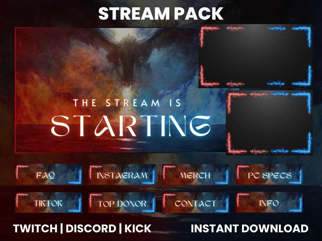 Ice & Fire Twitch Stream Pack Twitch Screen Overlays Animated Webcam ...