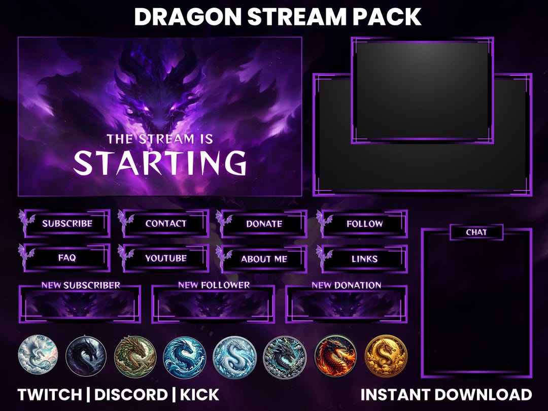 Dragon Twitch Stream Pack | Twitch Screen Overlays | Animated Webcam ...