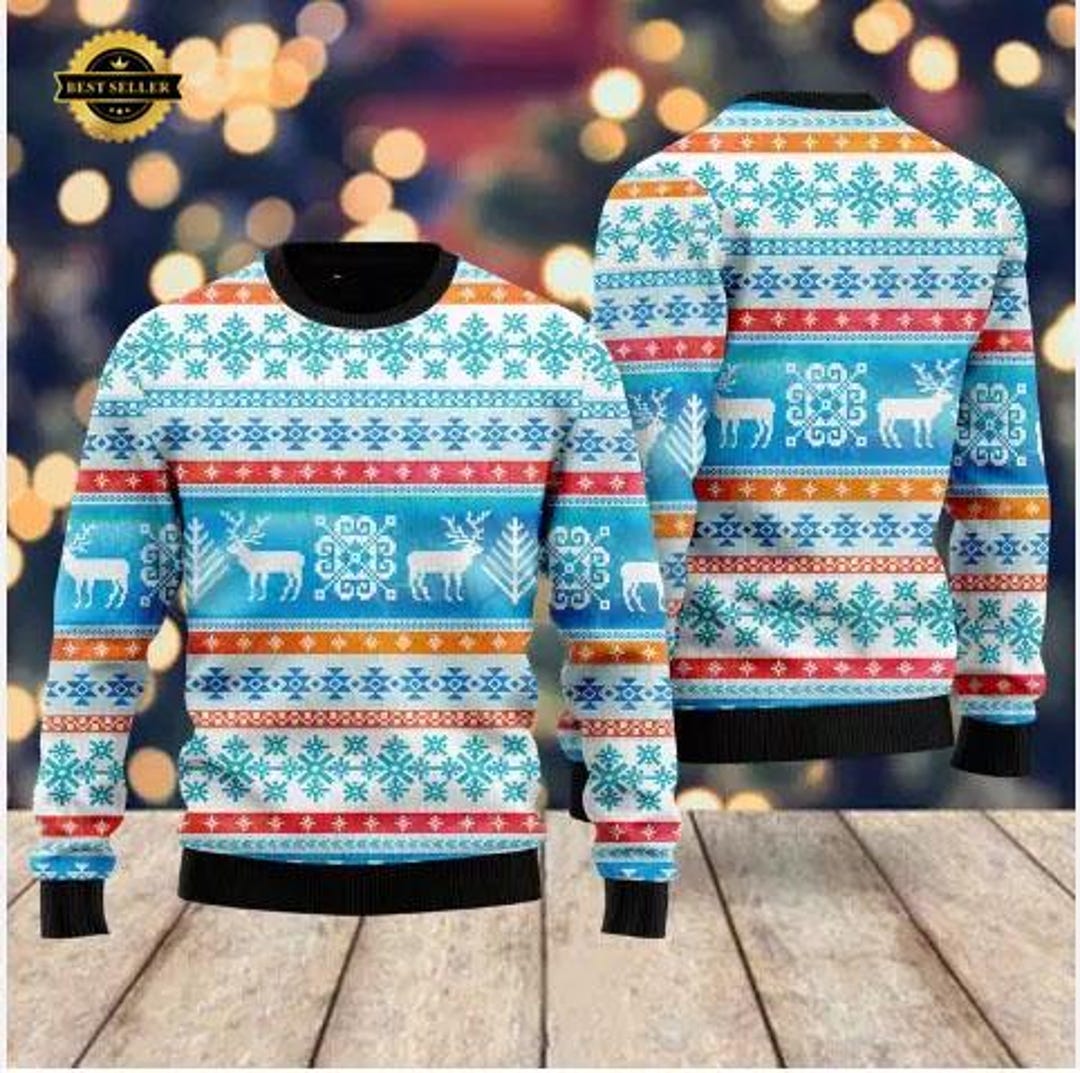 Classic Festive Reindeer Christmas Sweater Blue and Orange Winter Ugly ...