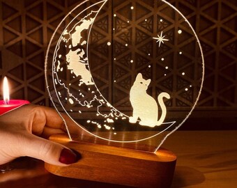 Cat on the Moon Led Night Light, 3D Illusion Table Lamp for Animal ...