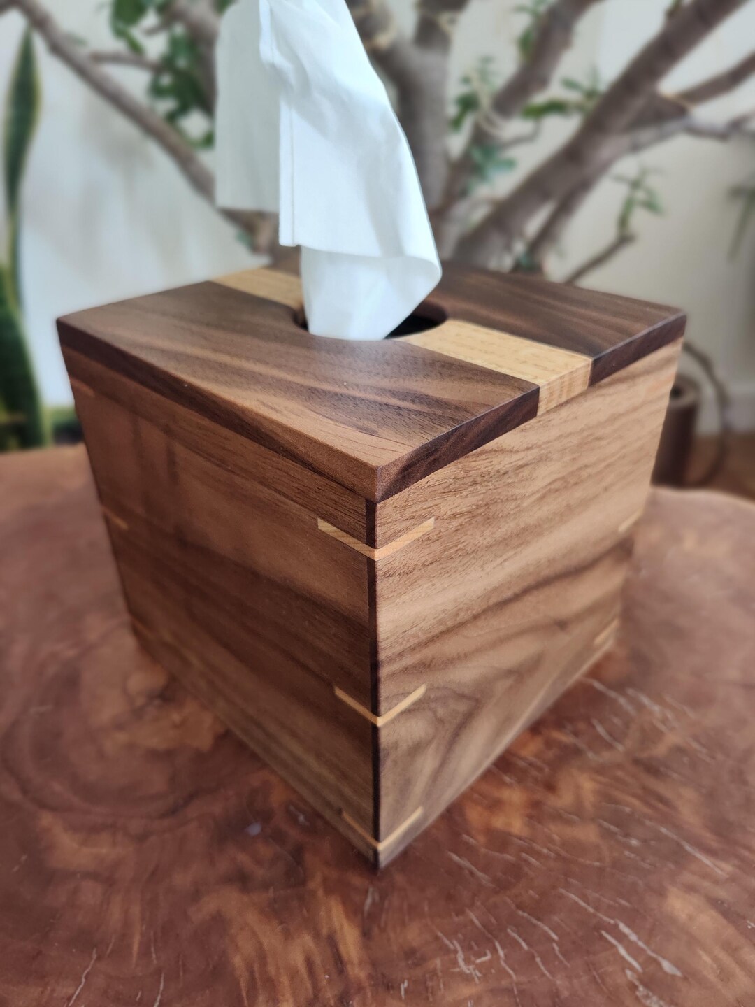 Square Walnut Tissue Box Cover With Oak Splines - Handmade Wood Tissue ...