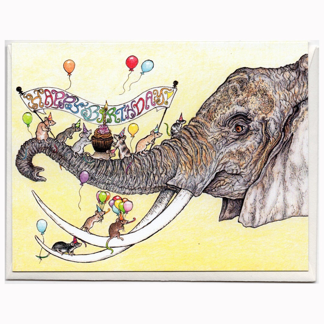 Happy Birthday Elephant Card From an Original Color Pencil Drawing - Etsy