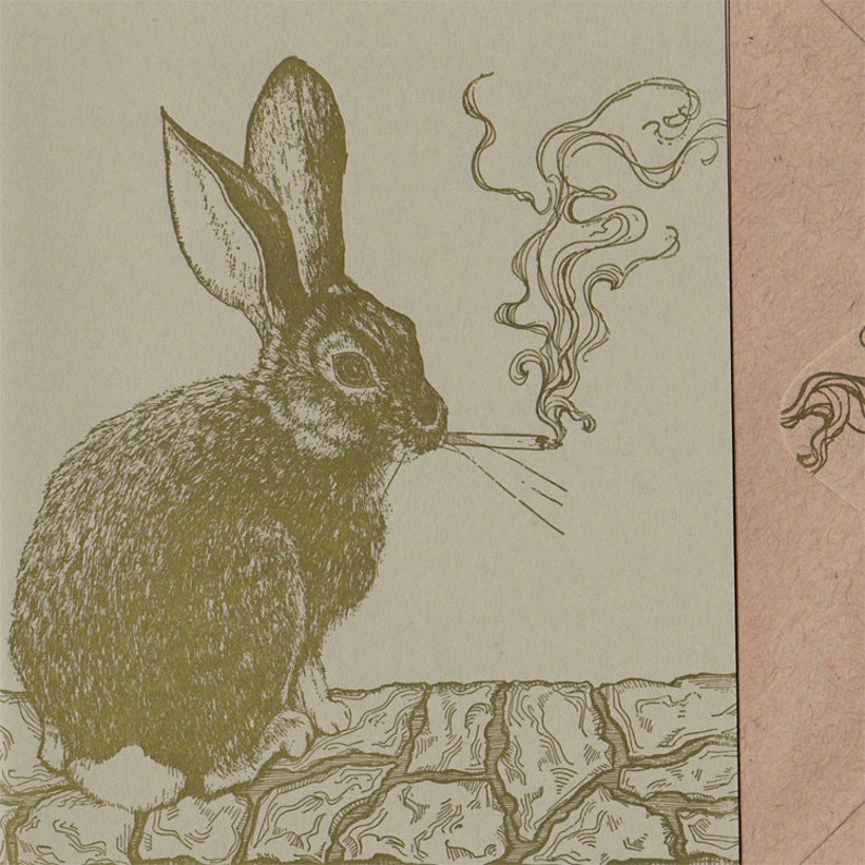 Smoking Rabbit Card Original Illustration Letterpress Printed - Etsy