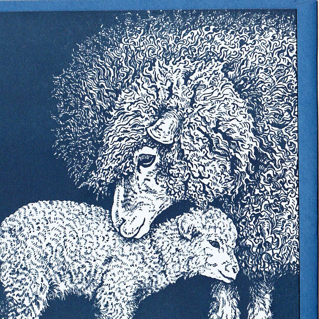 Blue Ewe and Lamb Card Letterpress Printed With Original Illustration ...