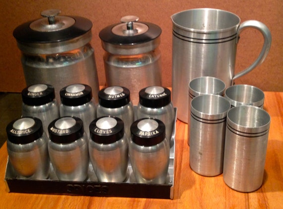 Items similar to Vintage Kromex Aluminium Spice Rack, Canisters and ...