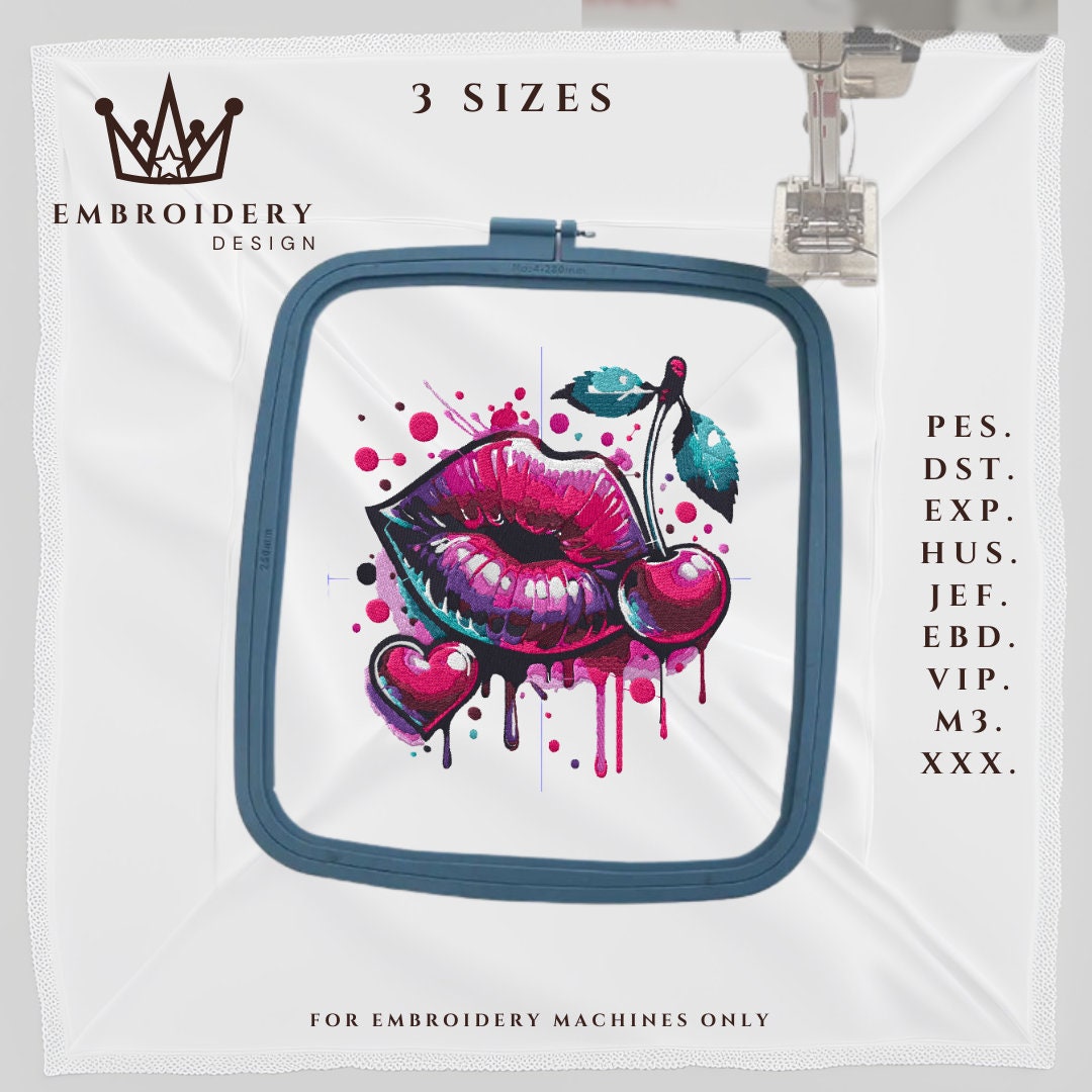 Lips Embroidery Design Machine Download Digital Files, Kiss Embroidery ...