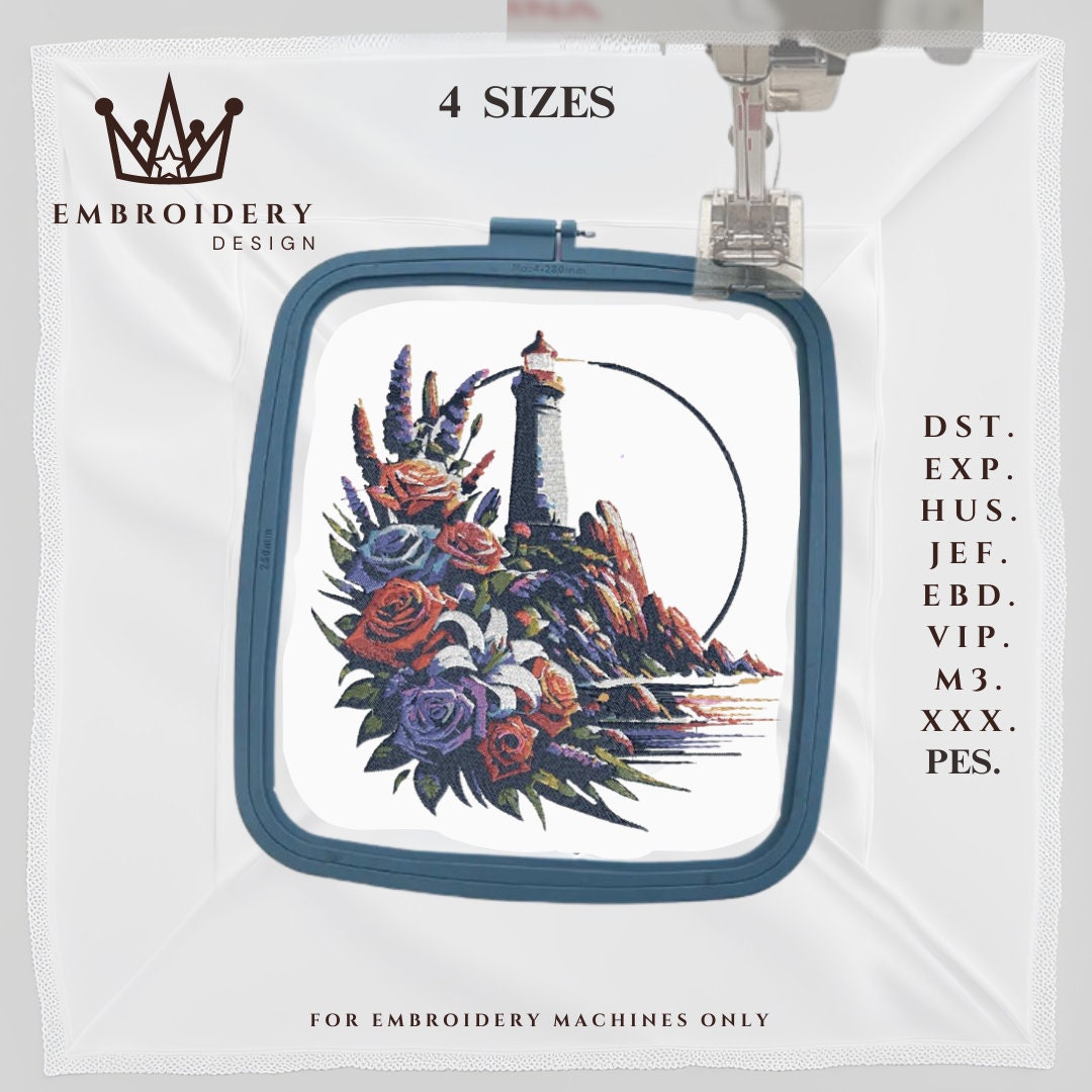 Lighthouse Embroidery Design. Flower Lighthouse Embroidery. Machine ...