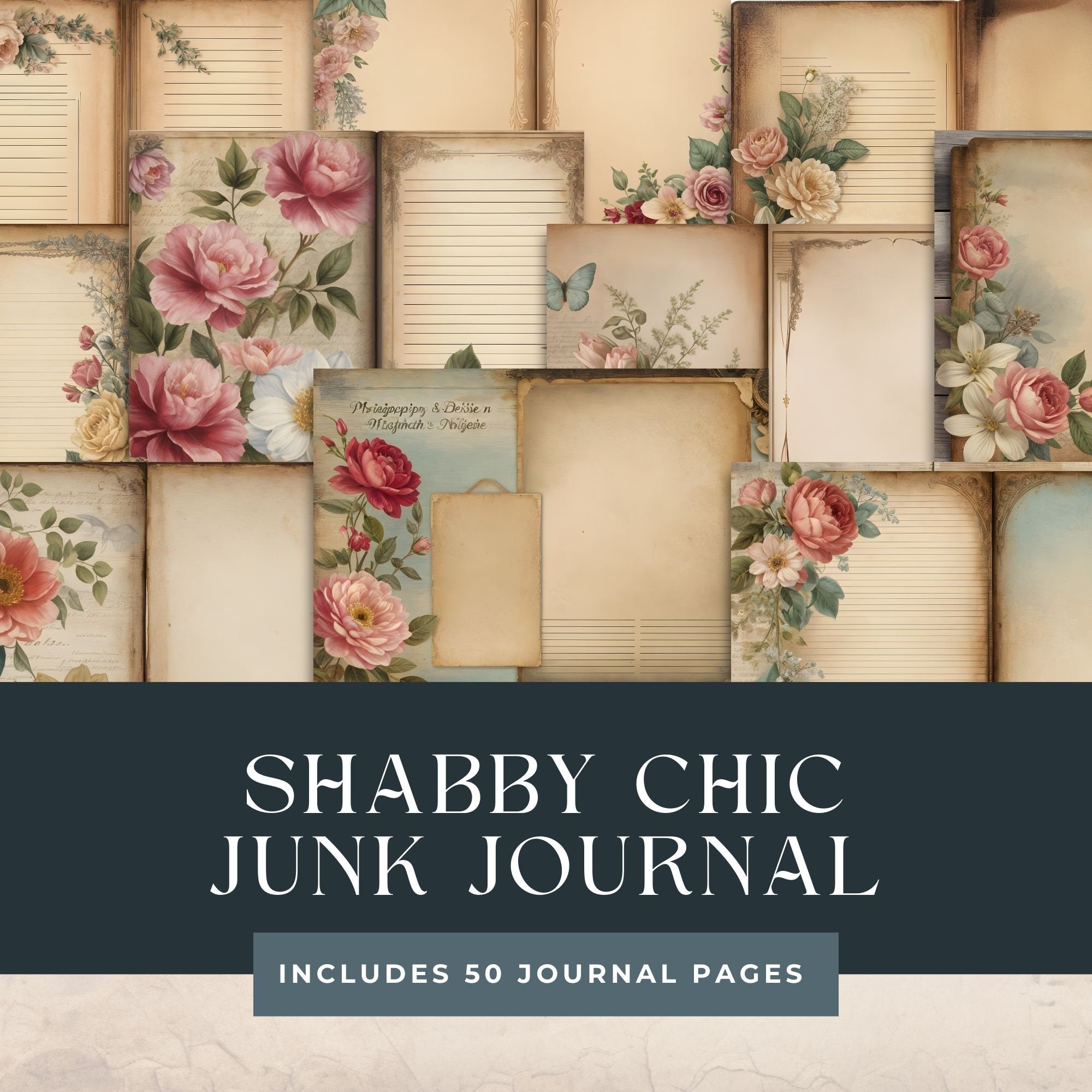 50 Shabby Chic Digital Paper for Junk Journals, Floral Ephemera ...