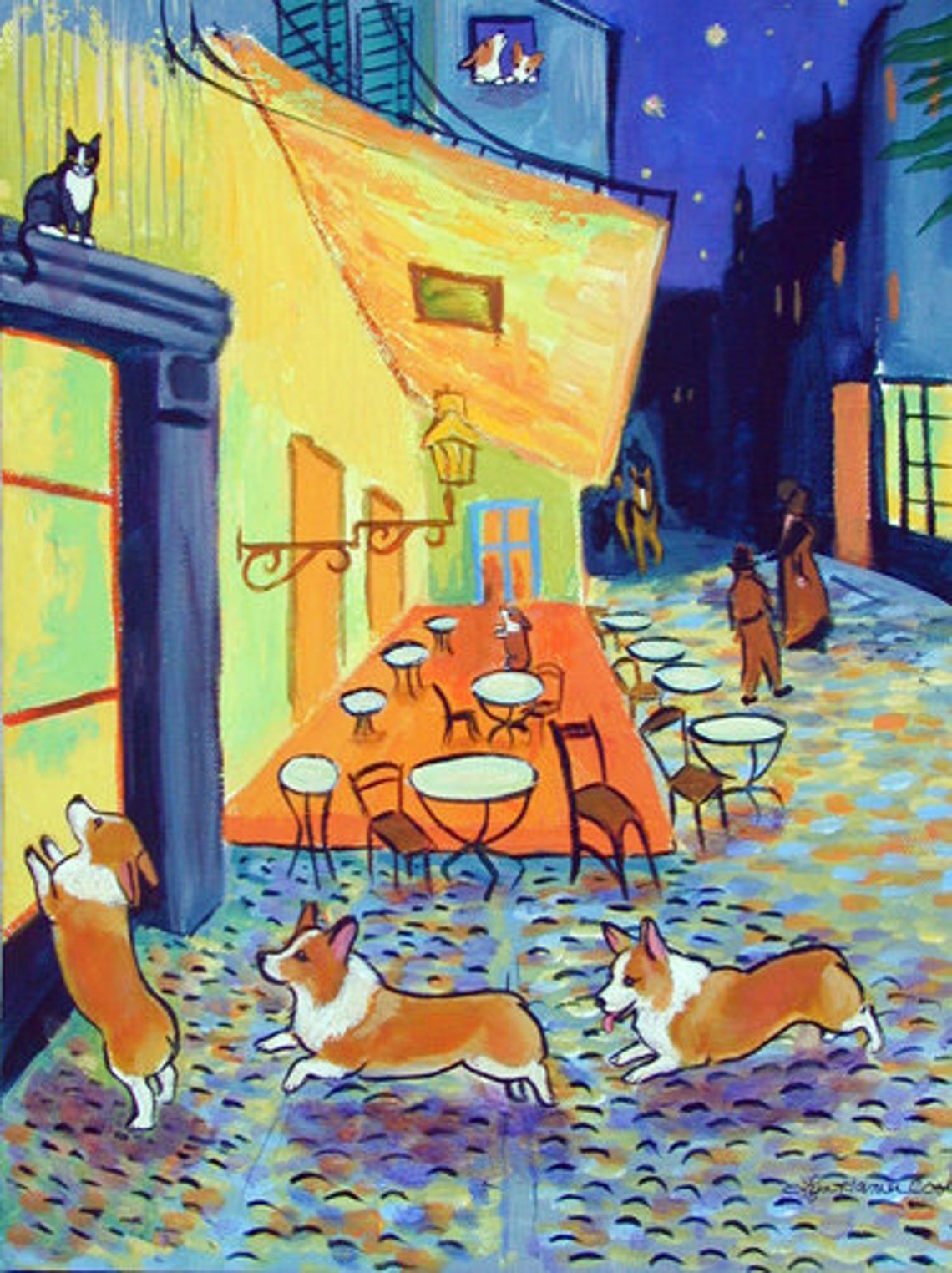 Pembroke Welsh Corgi Dog Giclée Print, Cafe Terrace at Night After Van ...