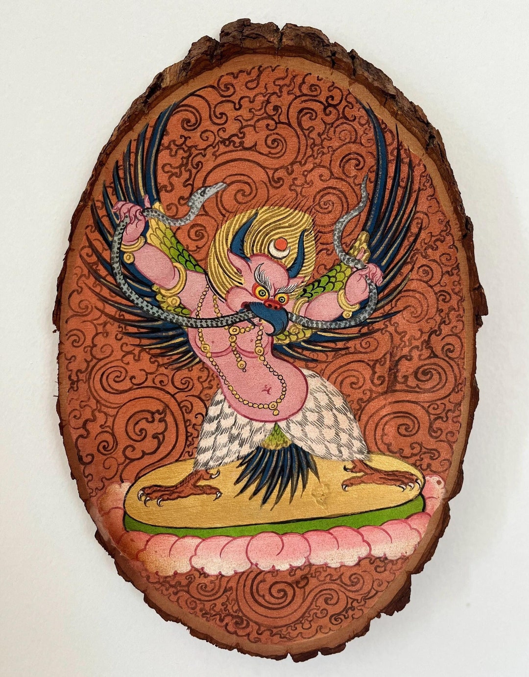 Handcrafted Tibetan Wooden Thangka Art Garuda: Lord of Birds Symbol of ...